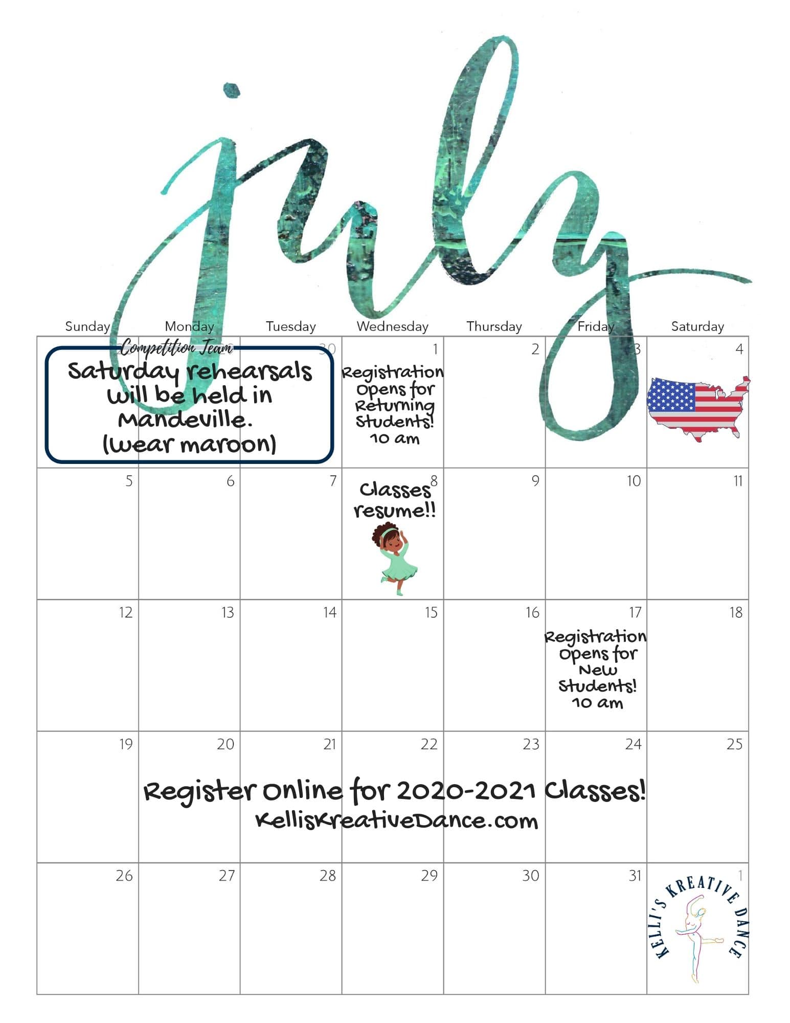 Yearly Studio Calendar - Kelli's Kreative Dance Studio