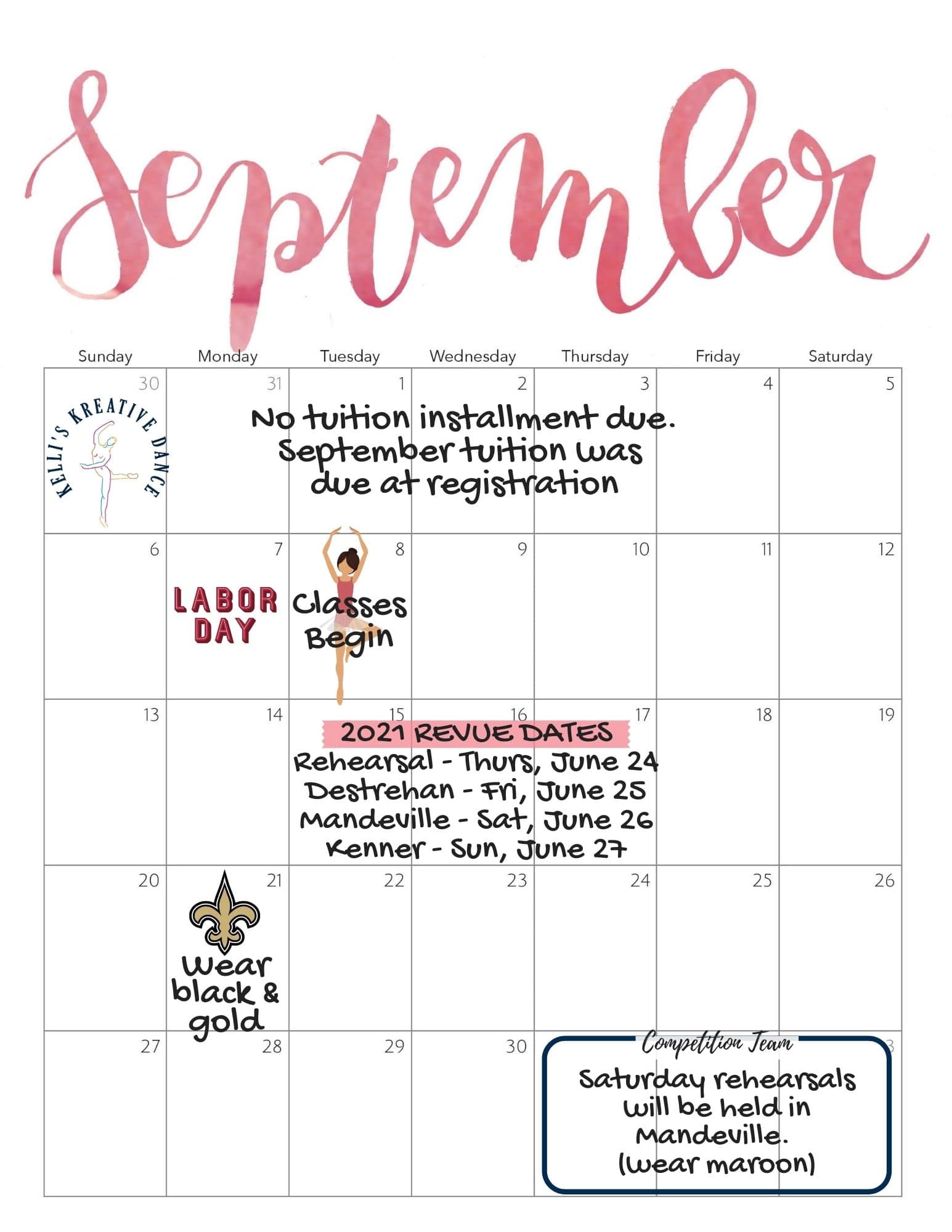 Yearly Studio Calendar - Kelli's Kreative Dance Studio
