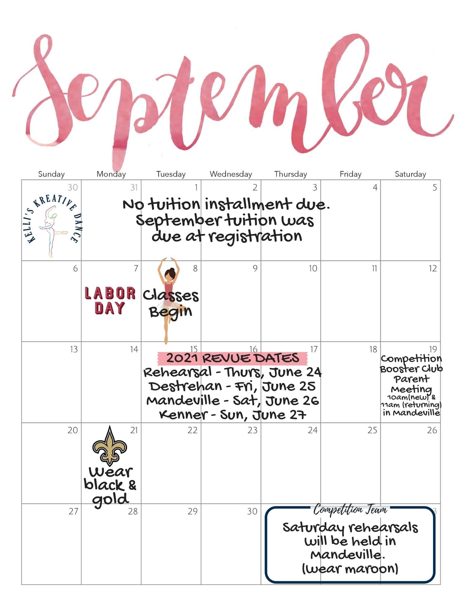 Yearly Studio Calendar - Kelli's Kreative Dance Studio