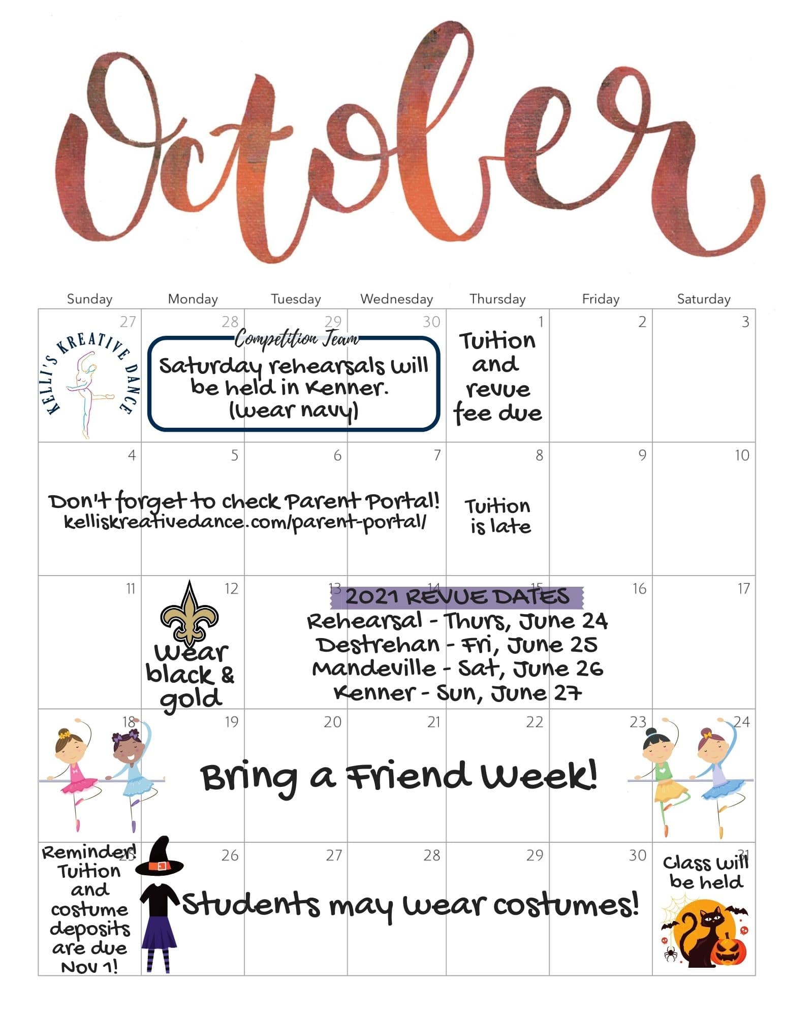 Yearly Studio Calendar - Kelli's Kreative Dance Studio