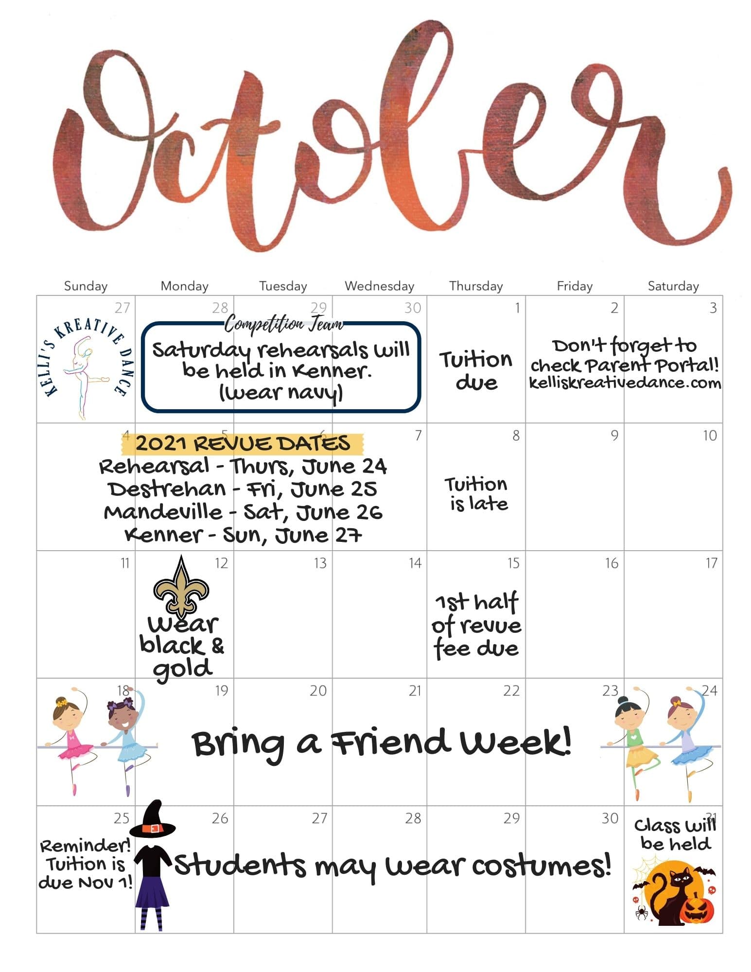 Yearly Studio Calendar - Kelli's Kreative Dance Studio