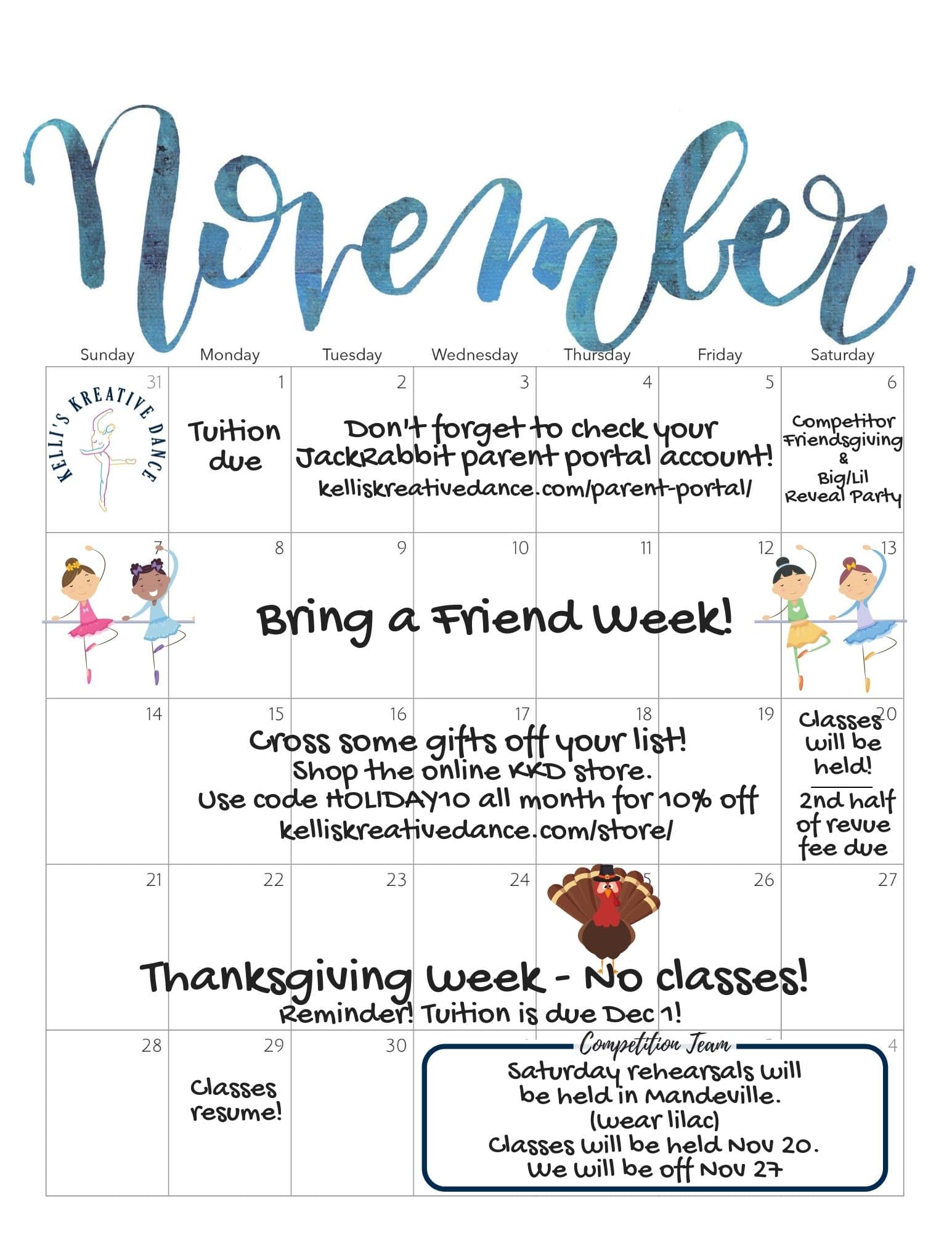 Yearly Studio Calendar - Kelli's Kreative Dance Studio