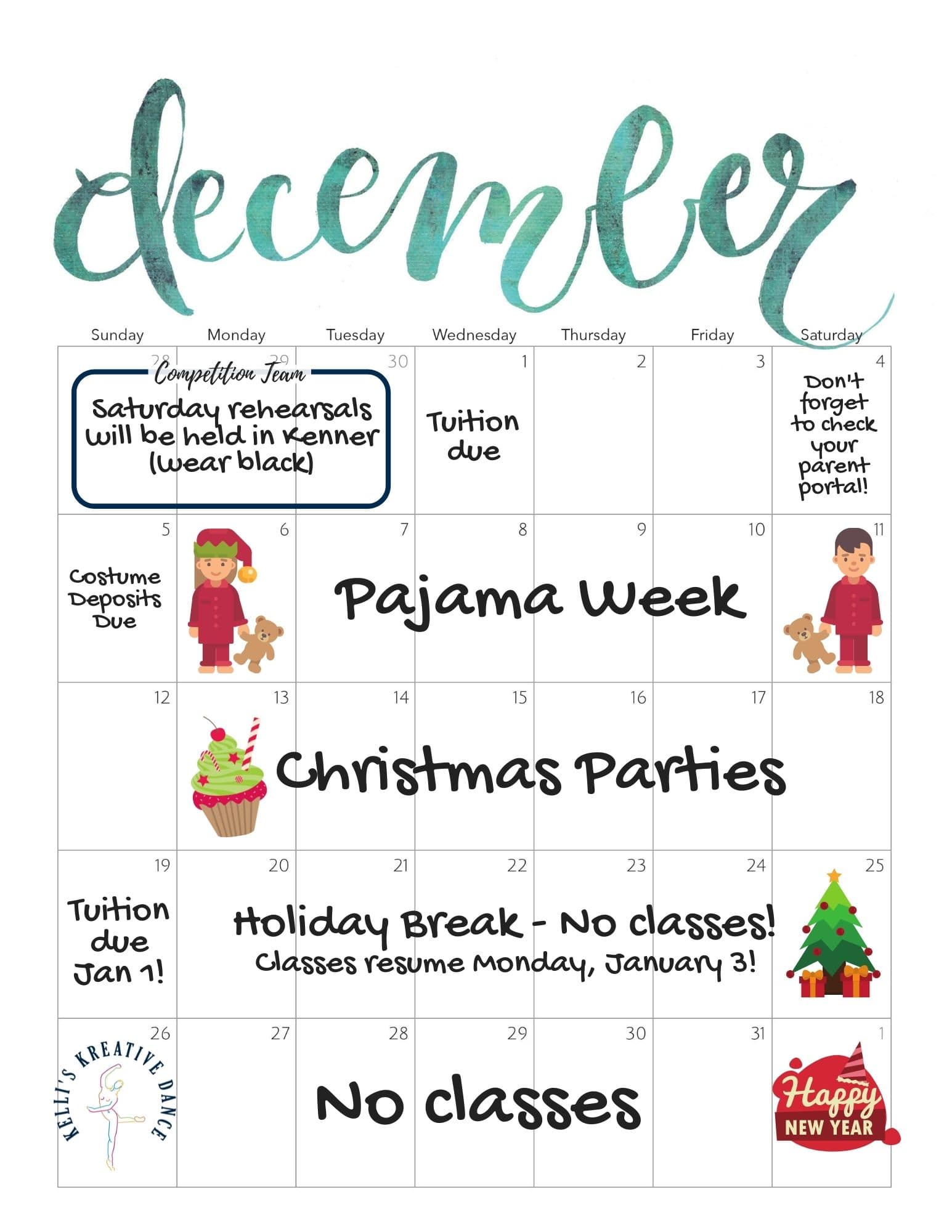 Yearly Studio Calendar - Kelli's Kreative Dance Studio
