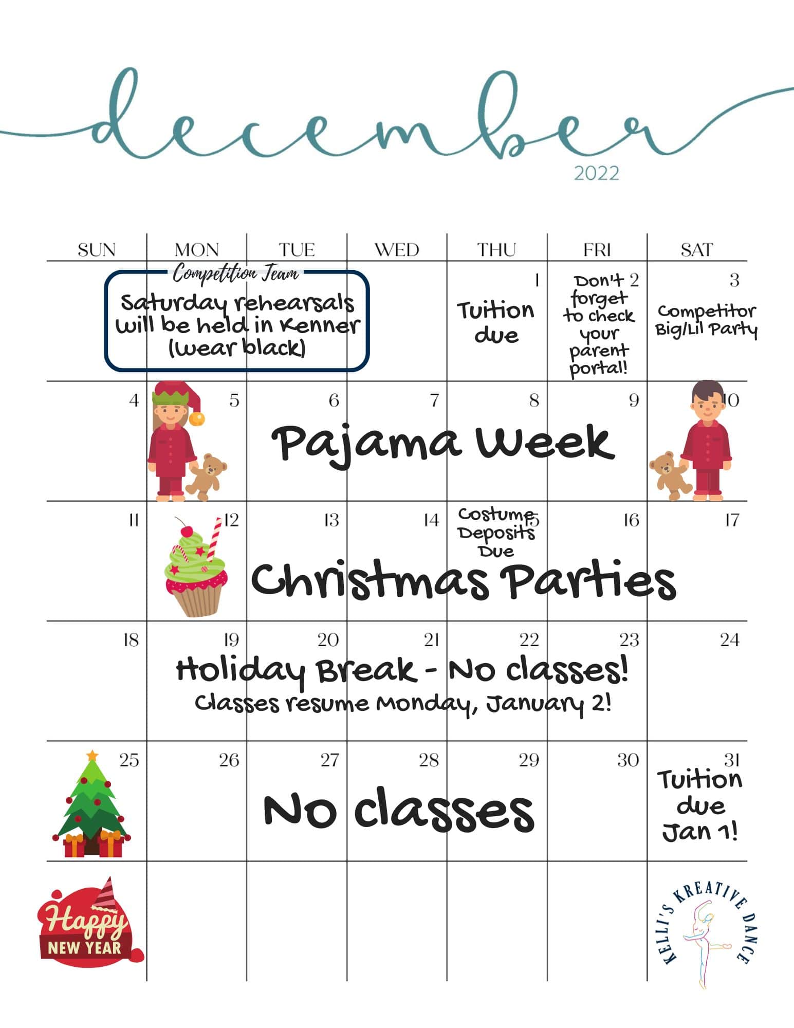 Yearly Studio Calendar - Kelli's Kreative Dance Studio