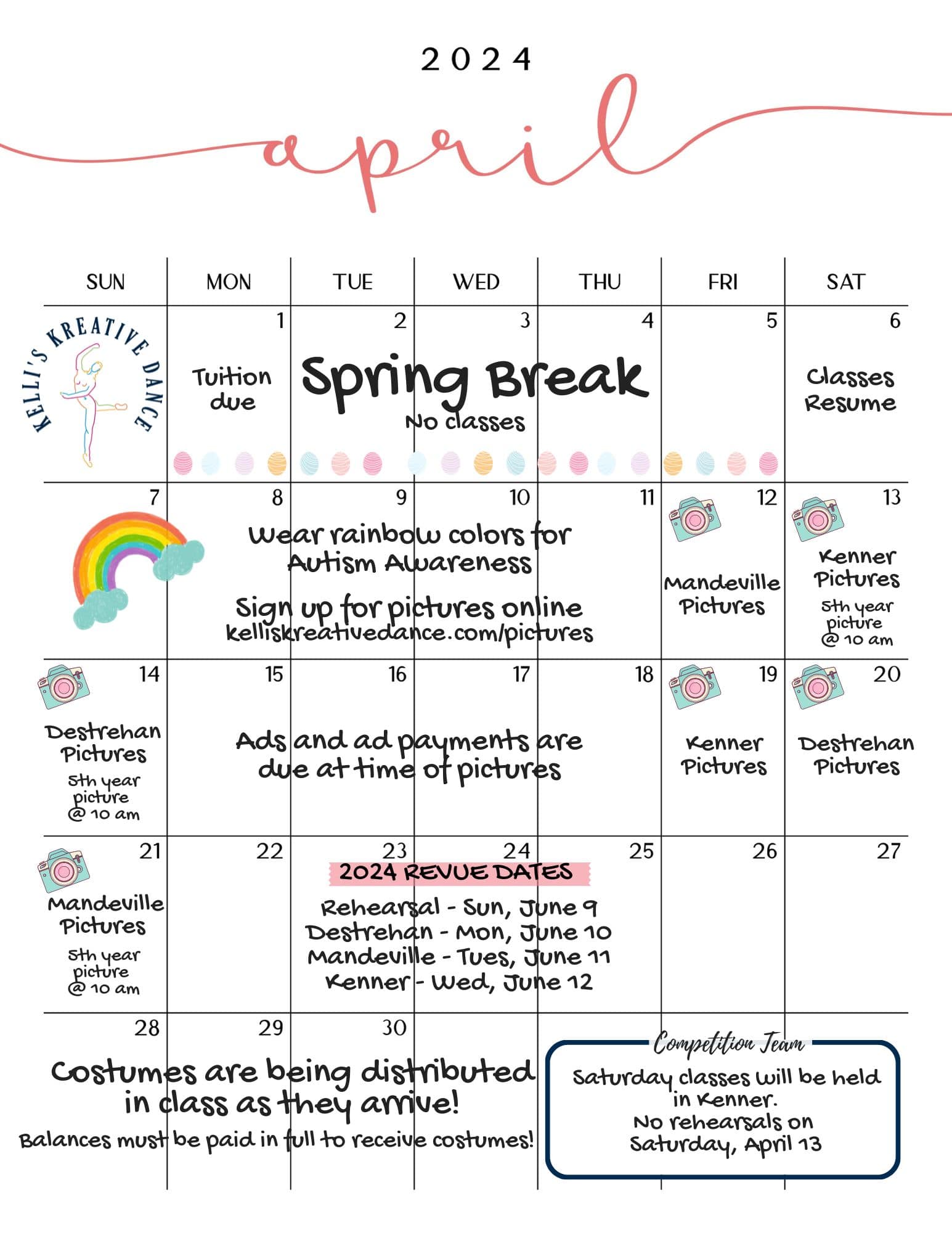Yearly Studio Calendar - Kelli's Kreative Dance Studio